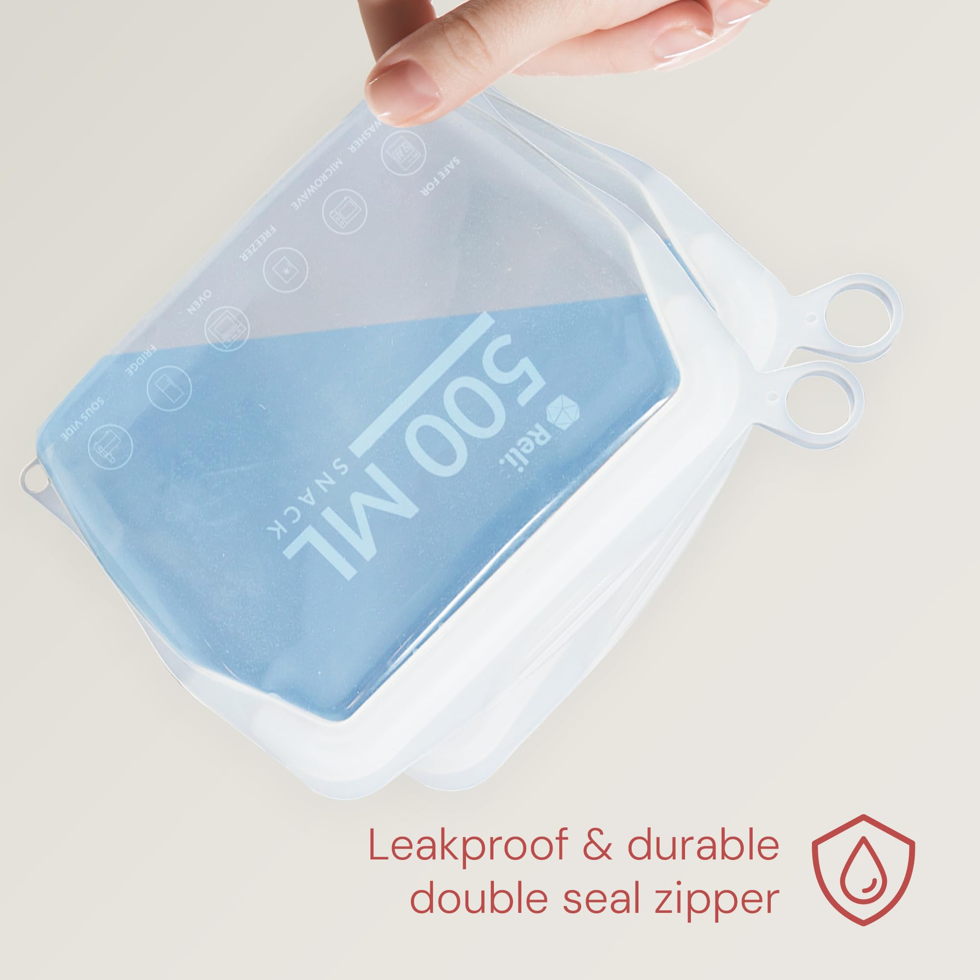 Reli. Reusable Silicone Bags (2 Pack) | Snack (500 ml), Clear | Silicone Bags for Food Storage | Small Reusable Food Storage for Meal Prep, Lunch Boxes | Leak-Proof, Dishwasher/Freezer Safe