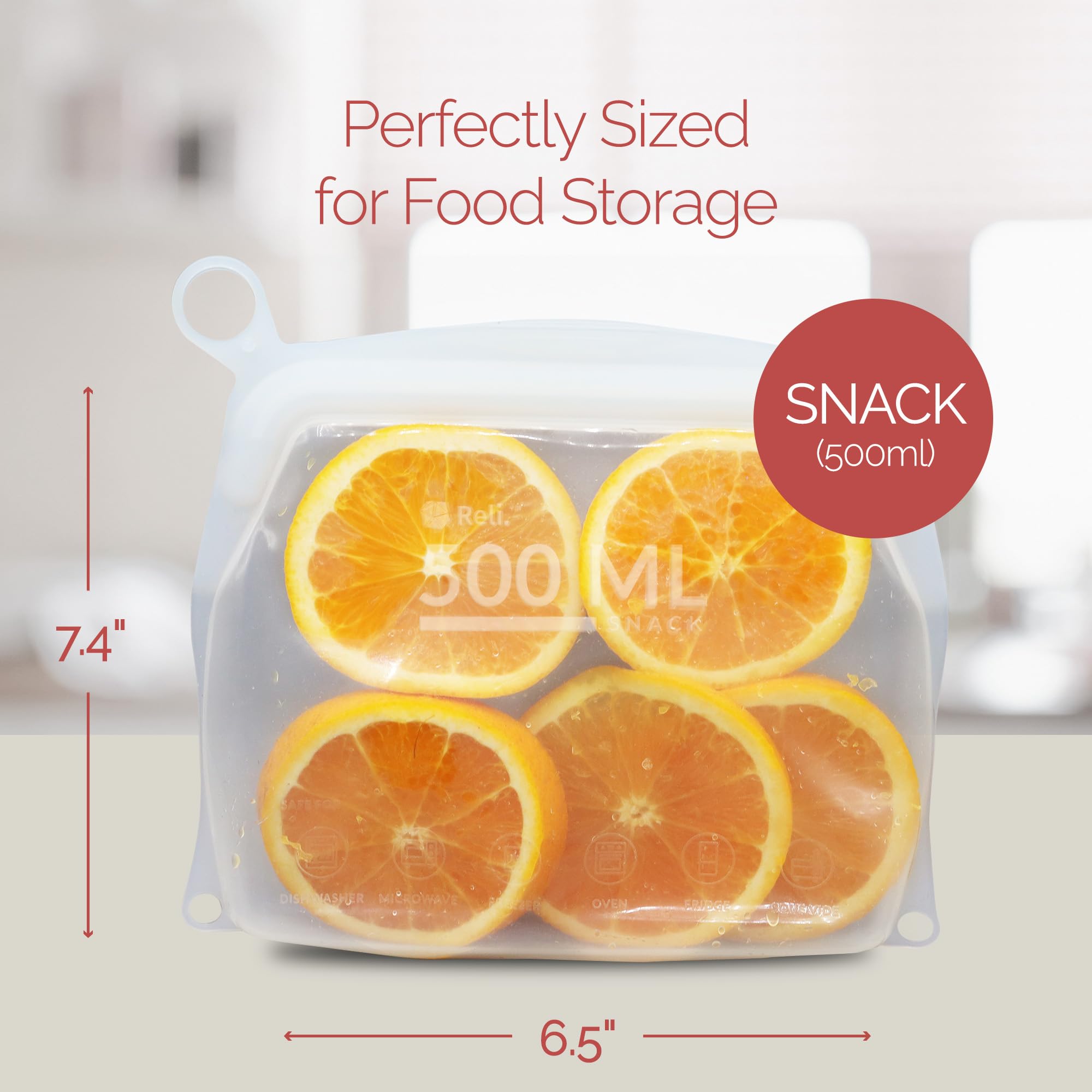 Reli. Reusable Silicone Bags (2 Pack) | Snack (500 ml), Clear | Silicone Bags for Food Storage | Small Reusable Food Storage for Meal Prep, Lunch Boxes | Leak-Proof, Dishwasher/Freezer Safe