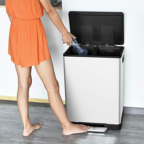 ToiletTree Products Stainless Steel Step Trash Can - 16 Gallon Garbage Bin with Soft Close Lid - Dual Compartment Waste Can with 30 Liters Capacity in Each - Recycling Bin