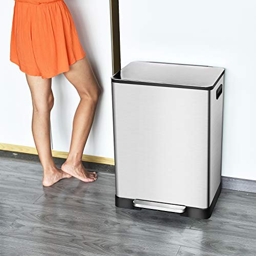 ToiletTree Products Stainless Steel Step Trash Can - 16 Gallon Garbage Bin with Soft Close Lid - Dual Compartment Waste Can with 30 Liters Capacity in Each - Recycling Bin