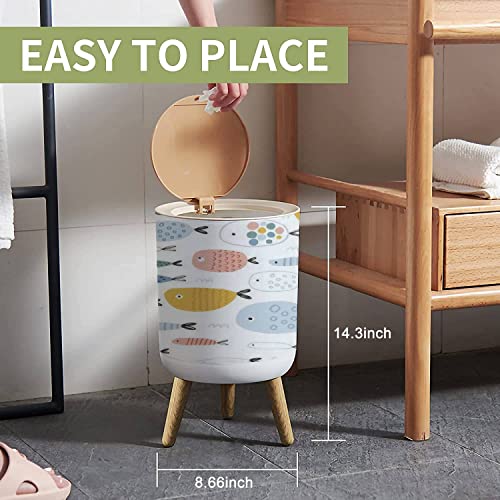 Small Trash Can with Lid Seamless childish with funny fishes Creative scandinavian kids texture Garbage Bin Wood Waste Bin Press Cover Round Wastebasket for Bathroom Bedroom Diaper Office Kitchen