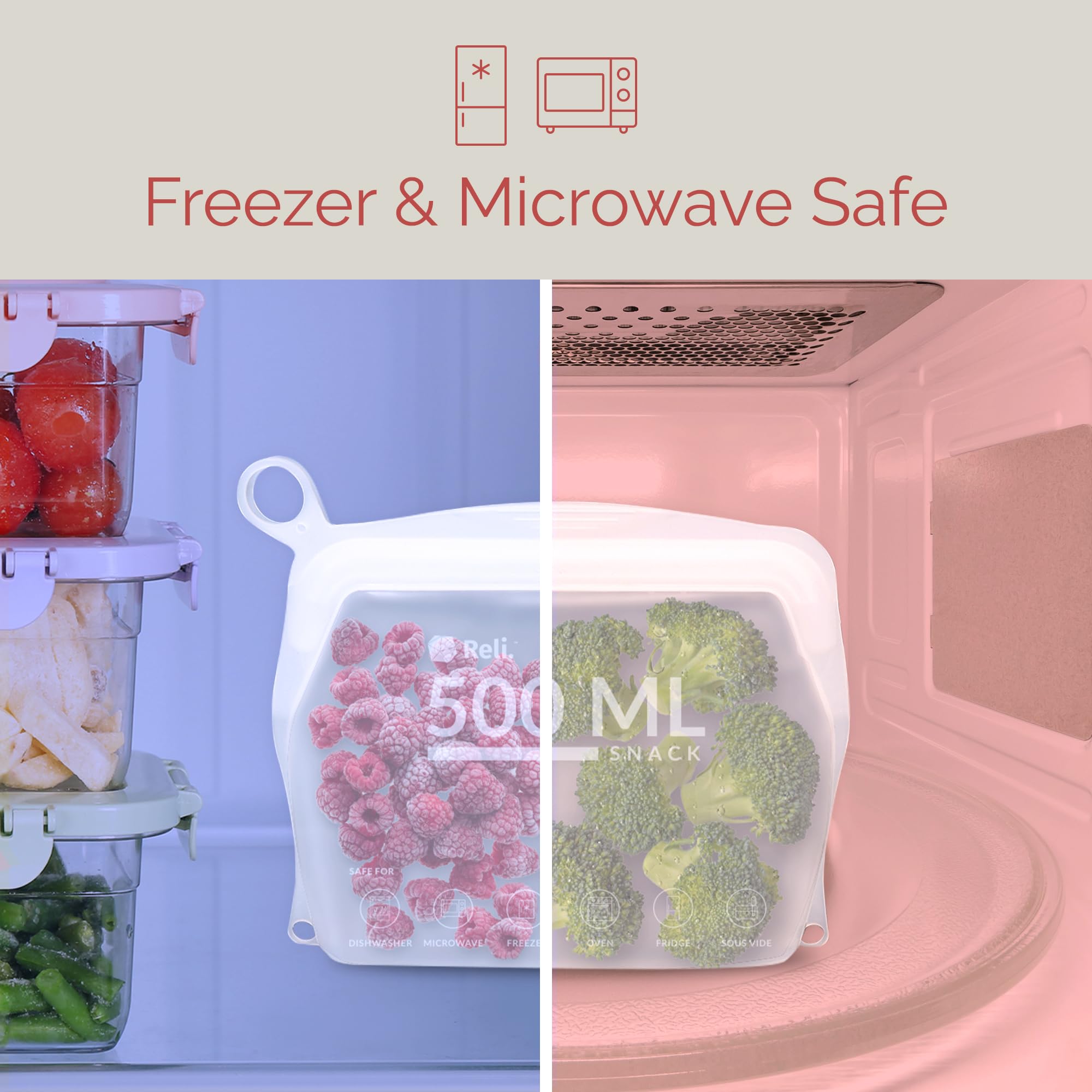 Reli. Reusable Silicone Bags (2 Pack) | Snack (500 ml), Clear | Silicone Bags for Food Storage | Small Reusable Food Storage for Meal Prep, Lunch Boxes | Leak-Proof, Dishwasher/Freezer Safe