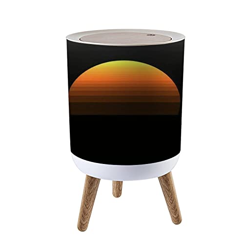 Small Trash Can with Lid 80s sunset retro neon 90s poster electro sun space vintage grid sunset Waste Bin with Wood Legs Press Cover Wastebasket Round Garbage Bin for Kitchen Bathroom Bedroom Office