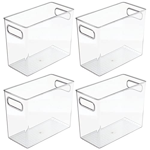 mDesign Plastic Tall Food Storage Organization Container Bin with Handles for Kitchen, Pantry, Cabinet, Fridge/Freezer, Countertop - Organizer for Snacks/Appliances, Ligne Collection, 4 Pack, Clear