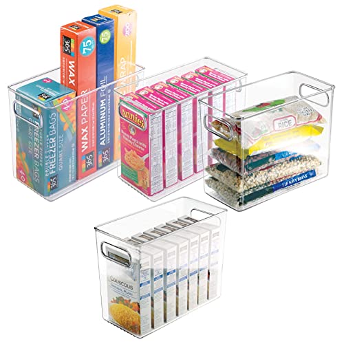 mDesign Plastic Tall Food Storage Organization Container Bin with Handles for Kitchen, Pantry, Cabinet, Fridge/Freezer, Countertop - Organizer for Snacks/Appliances, Ligne Collection, 4 Pack, Clear