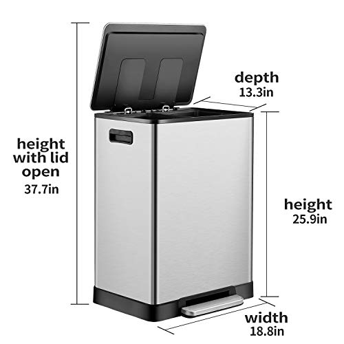 ToiletTree Products Stainless Steel Step Trash Can - 16 Gallon Garbage Bin with Soft Close Lid - Dual Compartment Waste Can with 30 Liters Capacity in Each - Recycling Bin