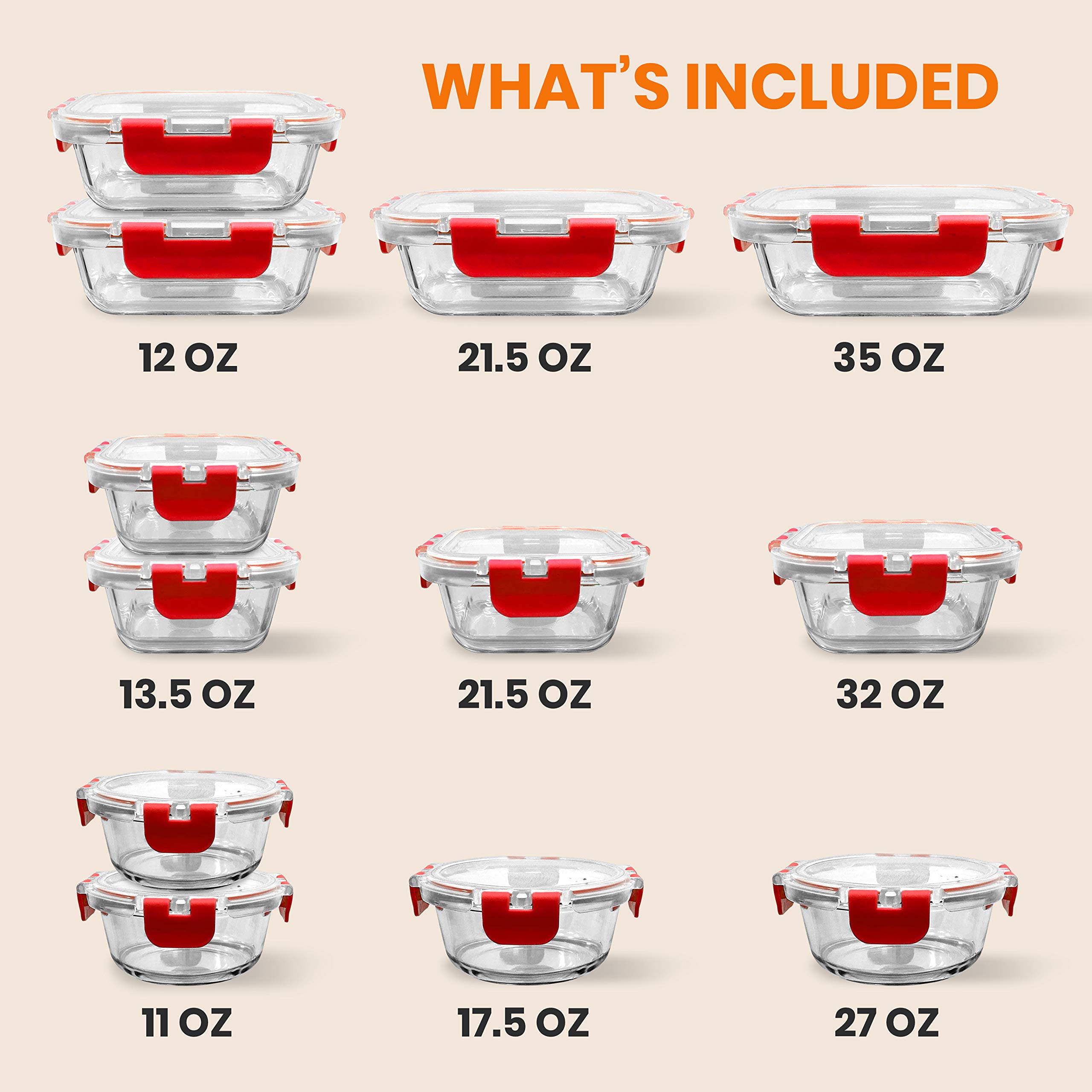 NutriChef 12-Piece Glass Food Storage Containers with Lids - Stackable Heavy Duty Meal Prep Containers w/Airtight Lids - Microwave, Freezer, & Dishwasher Safe for Food, Snacks, Fruit & More (Red)