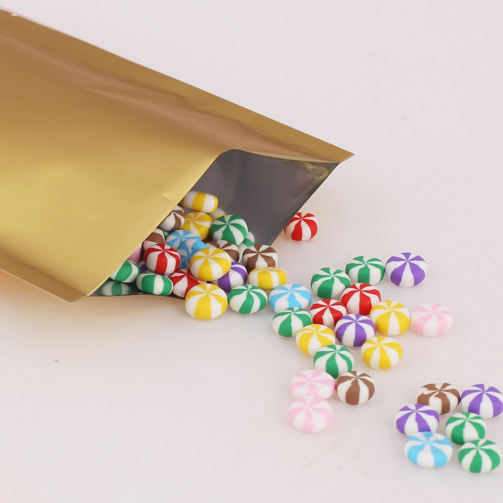 QQ Studio 100 Heat Sealable Mylar Foil Bag Pouch for Sampling Packaging Food Storage Food Safe (SM ~2.3"x3.4", Matte Gold)