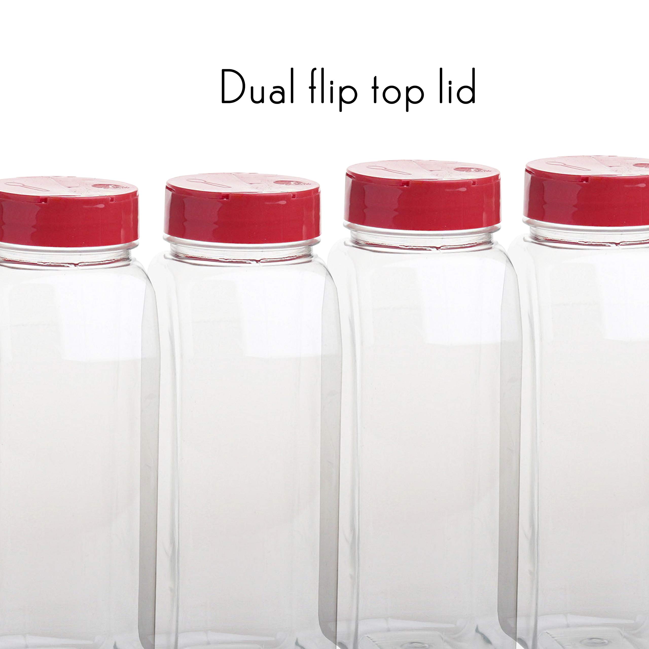 Upper Midland Products 4 Pack 32 Oz Large Spice Seasoning Shaker Containers Jars Plastic With Red Dual Flip Top Sided Lid, 4 Long Spoons And Labels