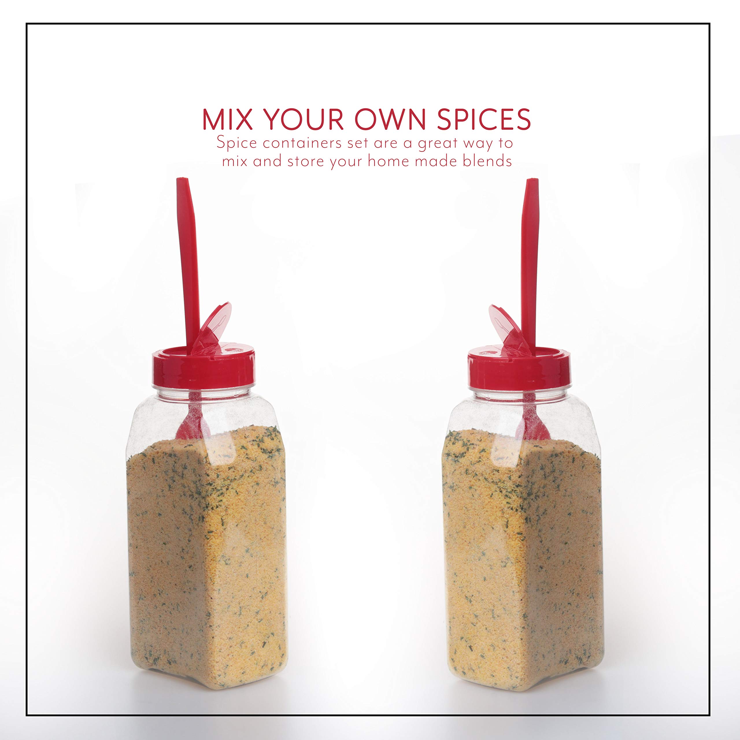 Upper Midland Products 4 Pack 32 Oz Large Spice Seasoning Shaker Containers Jars Plastic With Red Dual Flip Top Sided Lid, 4 Long Spoons And Labels