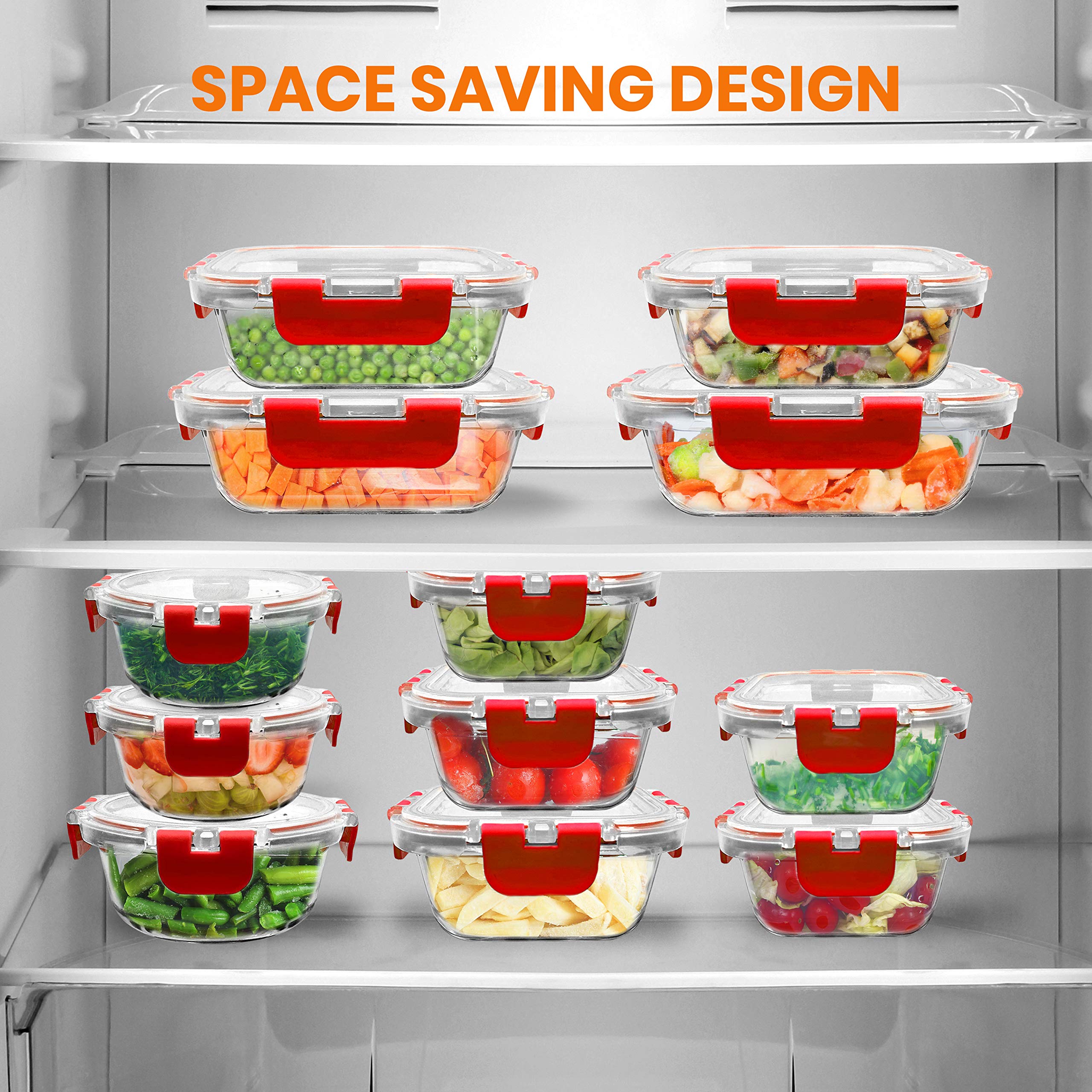 NutriChef 12-Piece Glass Food Storage Containers with Lids - Stackable Heavy Duty Meal Prep Containers w/Airtight Lids - Microwave, Freezer, & Dishwasher Safe for Food, Snacks, Fruit & More (Red)