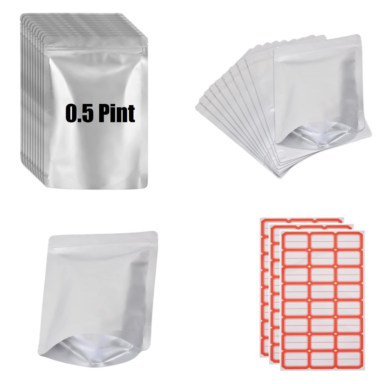 JUZONSA 0.5 Pint Kitchen Storage Bags Fresh Saver Mylar Bags with Labels, Stand Up Mylar Bag Resealable and Heat Sealable for Long Term Food Storage,Thick 4.75 Mil, 5"x7" (50Pack-0.5Pint)