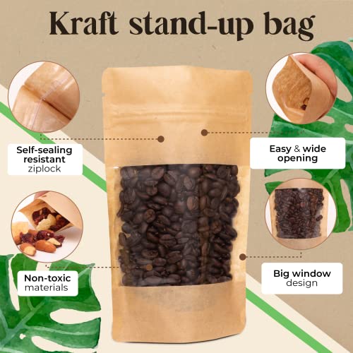 Kraft Stand Up Pouches, Zip Lock Storage; Packaging Bag, Food Storage Bags, Reusable Ziplock Bags with Window (20 x 30 cm (7.8x11.7 inch)-60.86 OZ, Kraft)