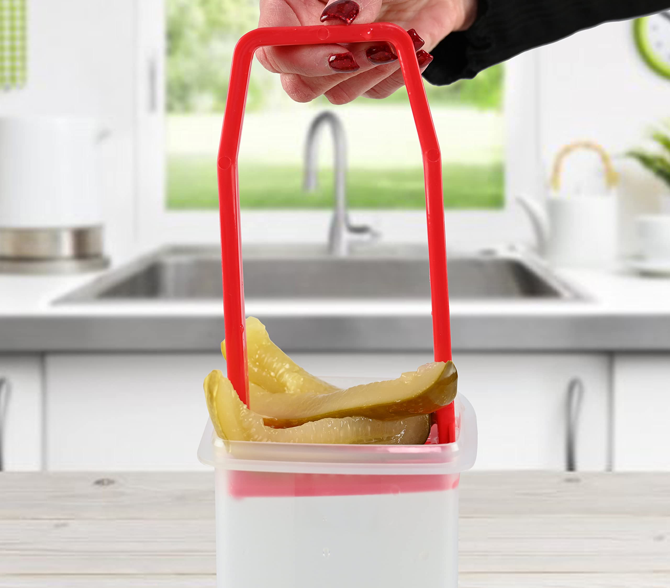 Home-X Set of 3 Pickle Storage Containers, Straining Pickle Jar, Filter Insert, Sieve Food Saver Container, 7 ½” L x 4 ¼” W x 4 ¼” H, Set of 3, Red