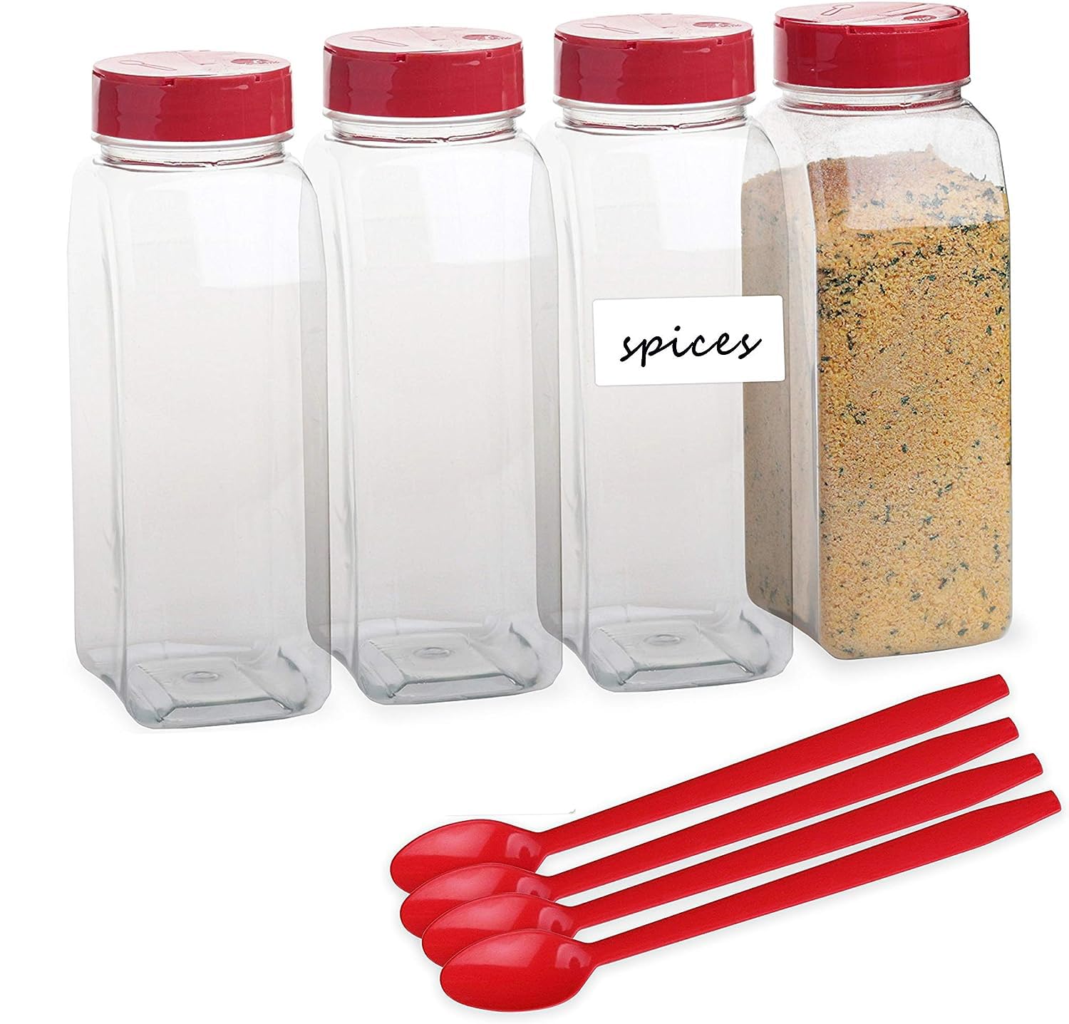 Upper Midland Products 4 Pack 32 Oz Large Spice Seasoning Shaker Containers Jars Plastic With Red Dual Flip Top Sided Lid, 4 Long Spoons And Labels