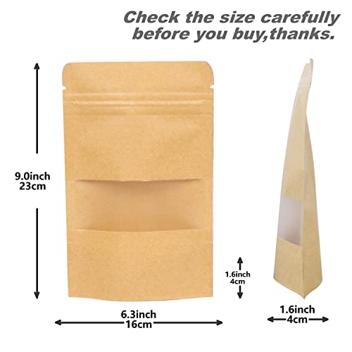 BAAGGNAA 60 Pack Ziplock Stand up Kraft Paper Bags Pouches with Front Matte Window for Food Storage Resealable Packaging Containers Household Reusable Organizer (6.3 * 9.0 Inch)