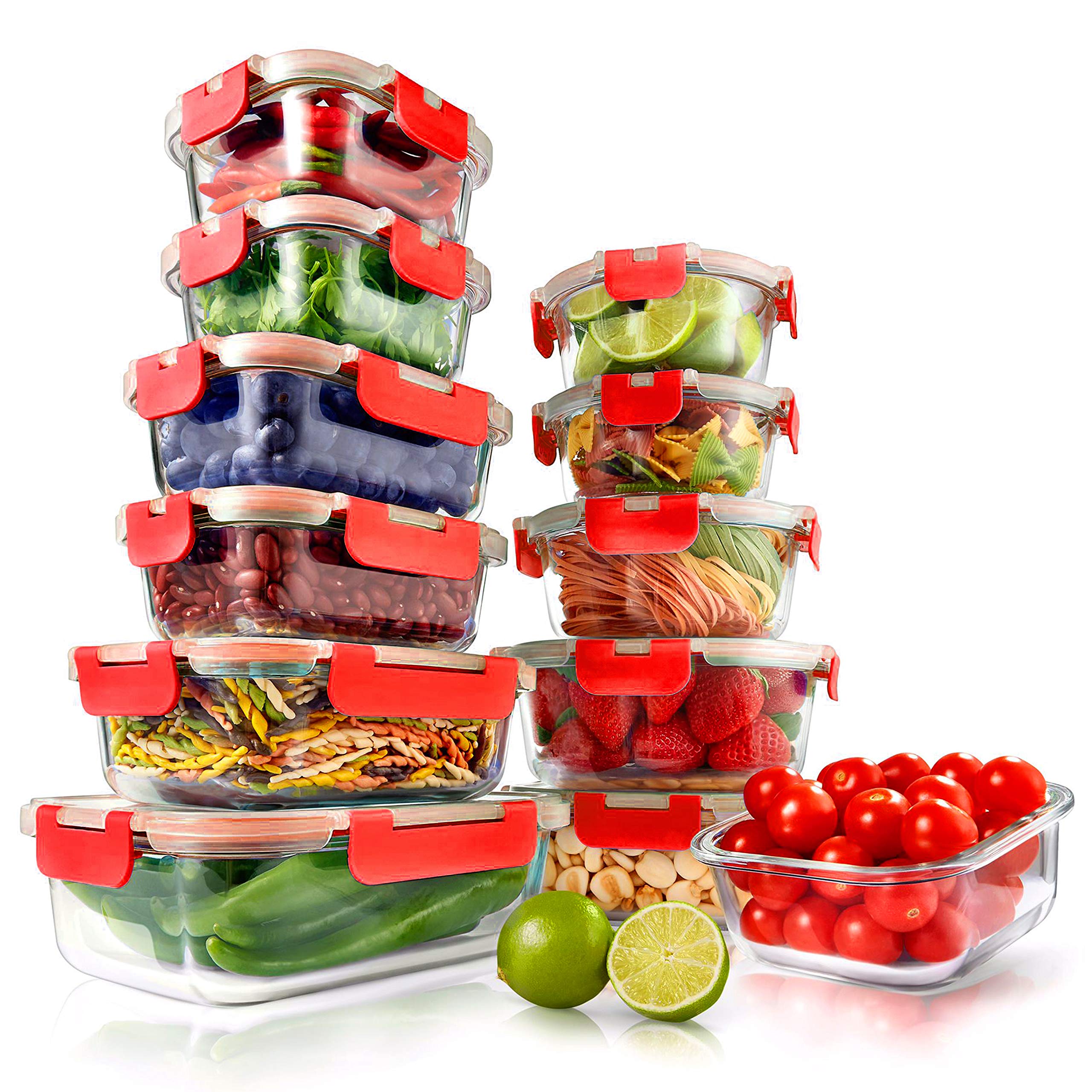 NutriChef 12-Piece Glass Food Storage Containers with Lids - Stackable Heavy Duty Meal Prep Containers w/Airtight Lids - Microwave, Freezer, & Dishwasher Safe for Food, Snacks, Fruit & More (Red)