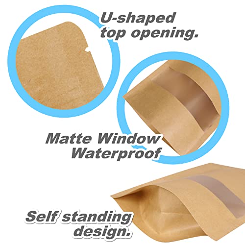 BAAGGNAA 60 Pack Ziplock Stand up Kraft Paper Bags Pouches with Front Matte Window for Food Storage Resealable Packaging Containers Household Reusable Organizer (6.3 * 9.0 Inch)
