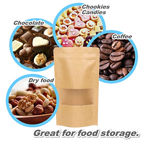 BAAGGNAA 60 Pack Ziplock Stand up Kraft Paper Bags Pouches with Front Matte Window for Food Storage Resealable Packaging Containers Household Reusable Organizer (6.3 * 9.0 Inch)