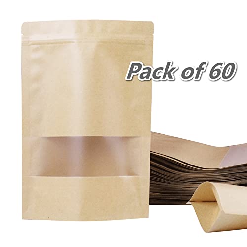 BAAGGNAA 60 Pack Ziplock Stand up Kraft Paper Bags Pouches with Front Matte Window for Food Storage Resealable Packaging Containers Household Reusable Organizer (6.3 * 9.0 Inch)