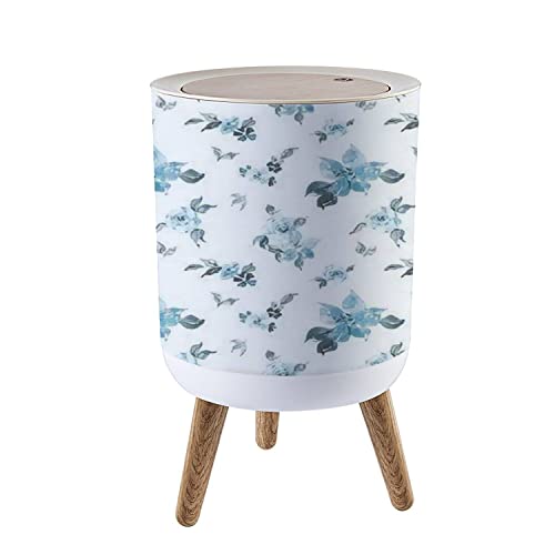 Small Trash Can with Lid Watercolor vintage teal floral seamless for fabric dusty blue flowers Garbage Bin Wood Waste Bin Press Cover Round Wastebasket for Bathroom Bedroom Diaper Office Kitchen