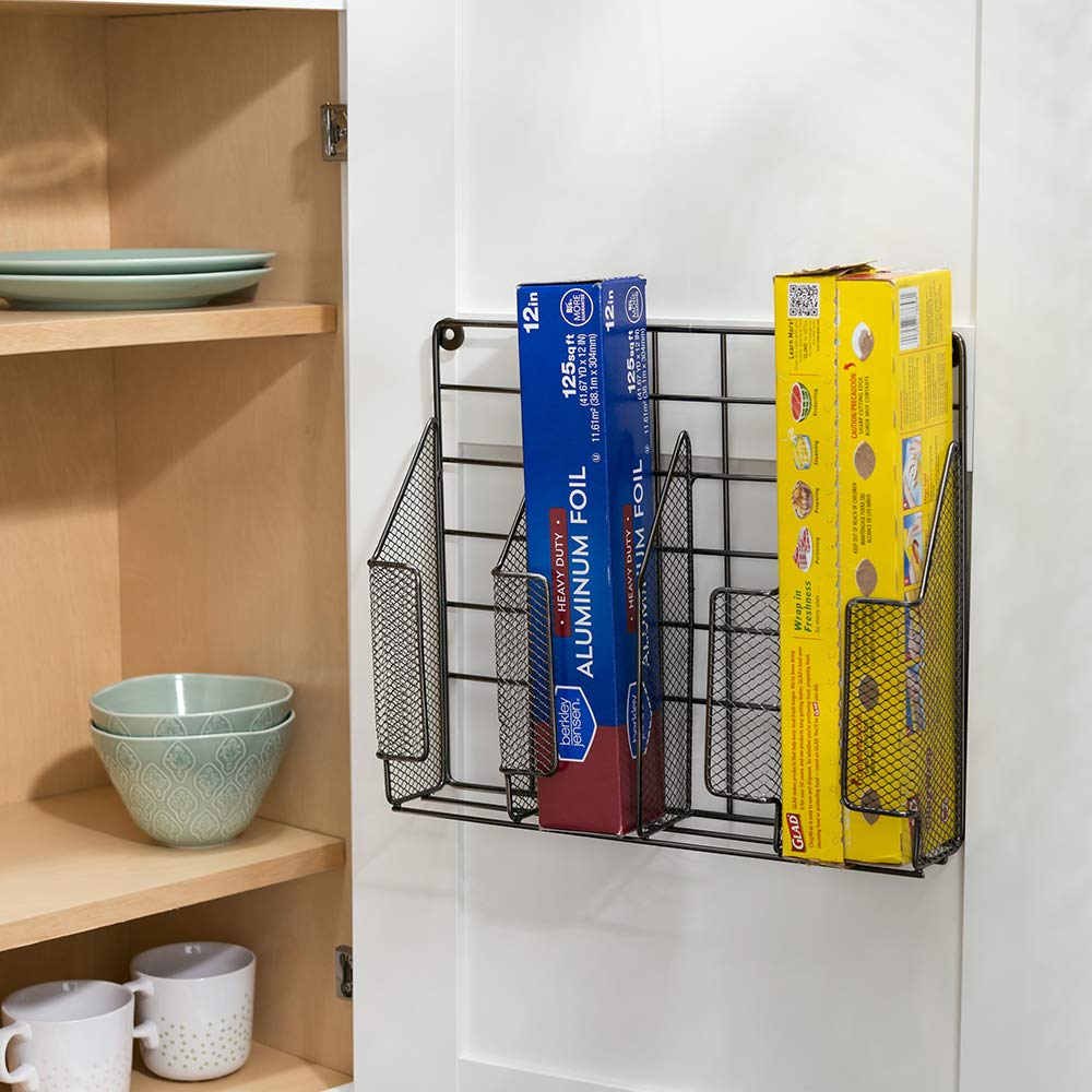 Home Basics Stainless Steel Rust Resistant Wrap Organizer, Perfect for Food Storage Bags, Silver Foil, Wax Paper, Sandwich Bags, Plastic Wrap- Mounts to Cabinet Door or Wall (ONYX BLACK, 2)