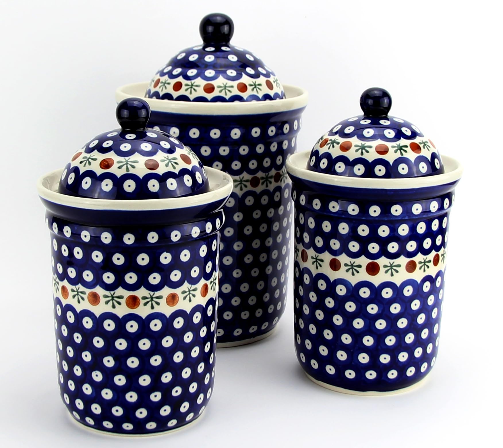 Polish Pottery Market 3-Piece Kitchen Canister Set - Handcrafted by Zaklady Boleslawiec – Polish Stoneware Canisters - Set Includes one large canister (80 oz) and two medium canisters (45 oz each)