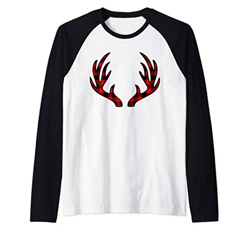 Reindeer Antlers Lumberjack Buffalo Plaid Tartan Christmas Raglan Baseball Tee