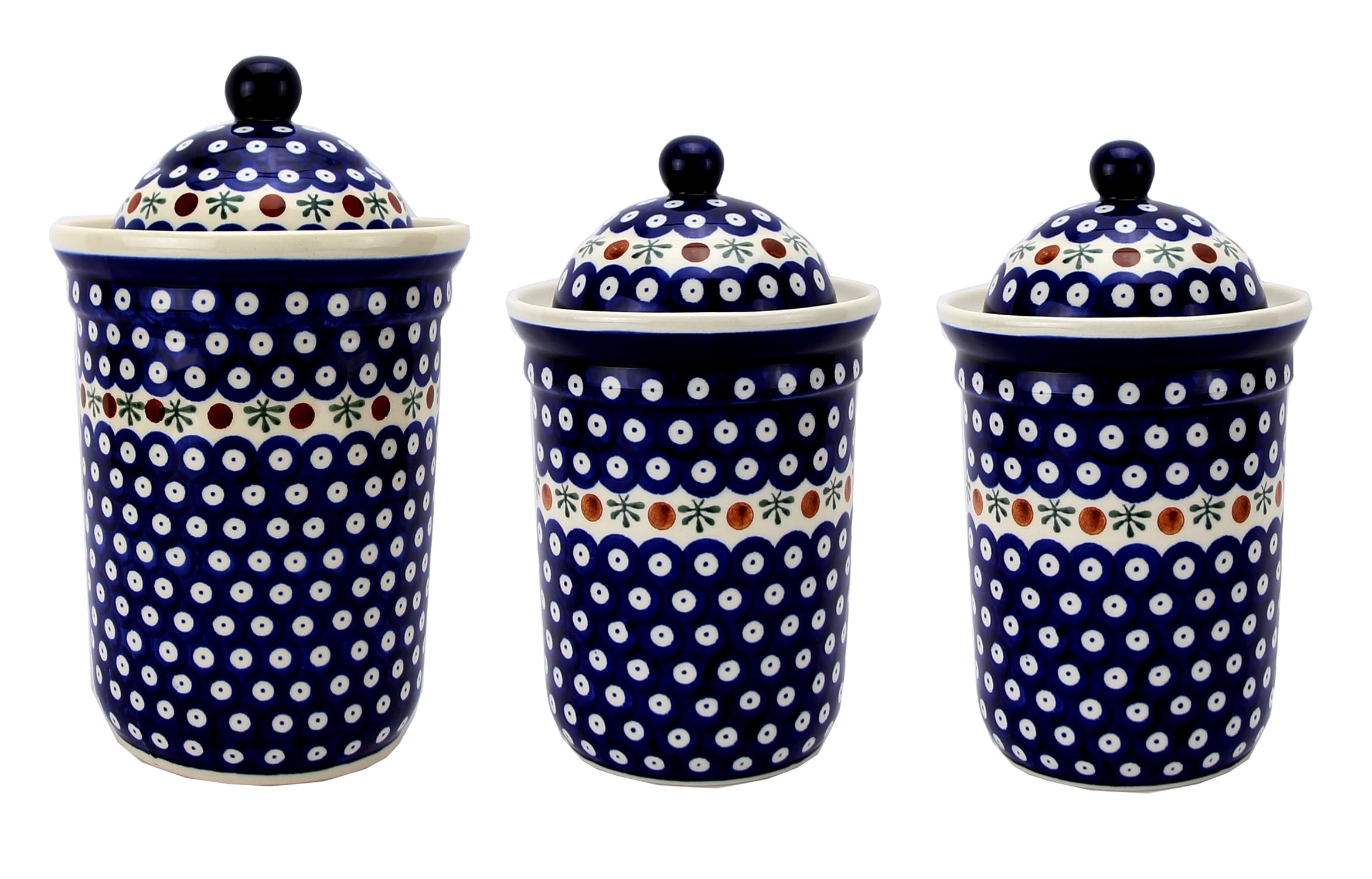 Polish Pottery Market 3-Piece Kitchen Canister Set - Handcrafted by Zaklady Boleslawiec – Polish Stoneware Canisters - Set Includes one large canister (80 oz) and two medium canisters (45 oz each)