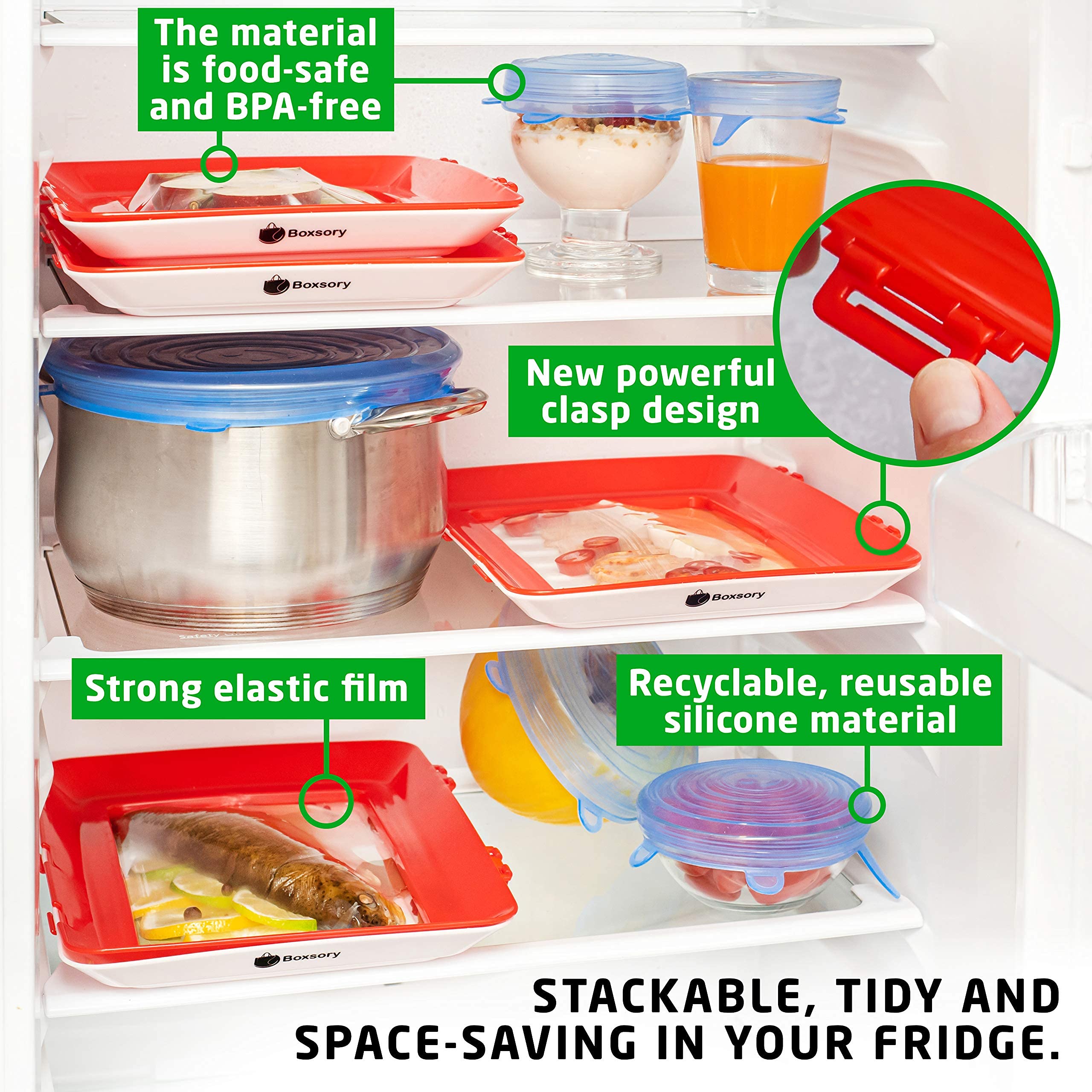 BOXSORY Food Preservation Trays - New Version 2021, Stackable, Reusable and Odor Free - Dishwasher Safe Refrigerator Storage Tray (4pcs) + Stretch Lids (6pcs)