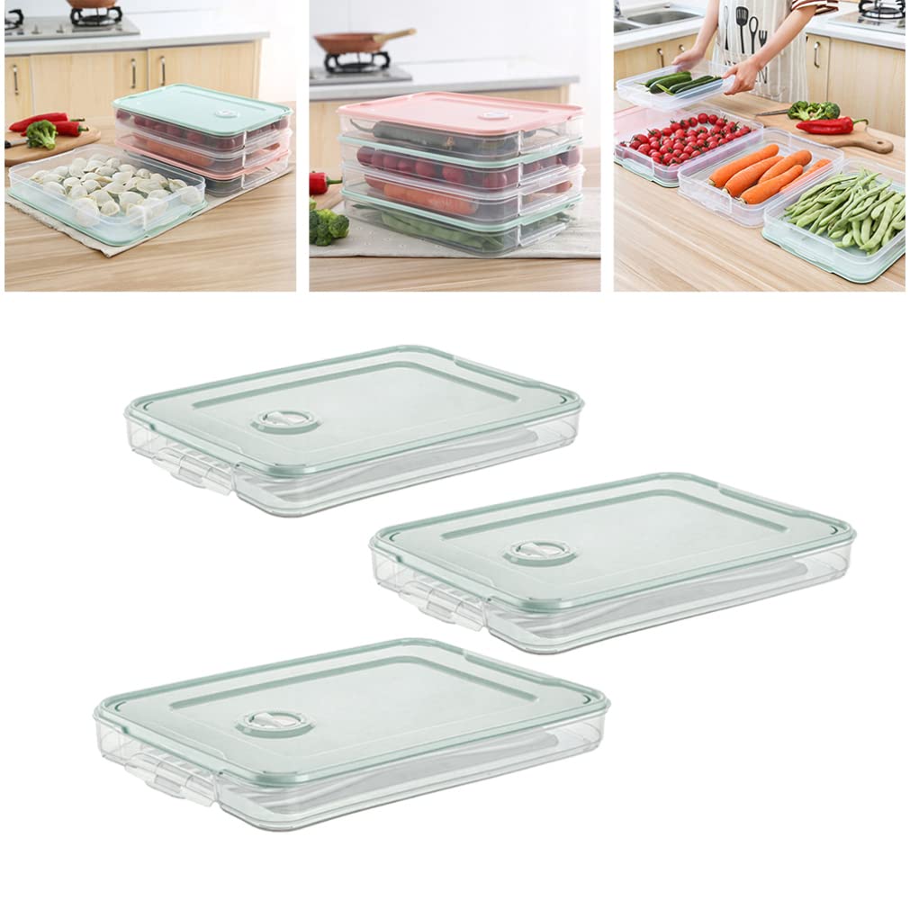 apofly 3PCS Fridge Food Holder Dumpling Storage Box Case Food Organizer Tray Container Single Layer Stackable with Lid Plastic Green
