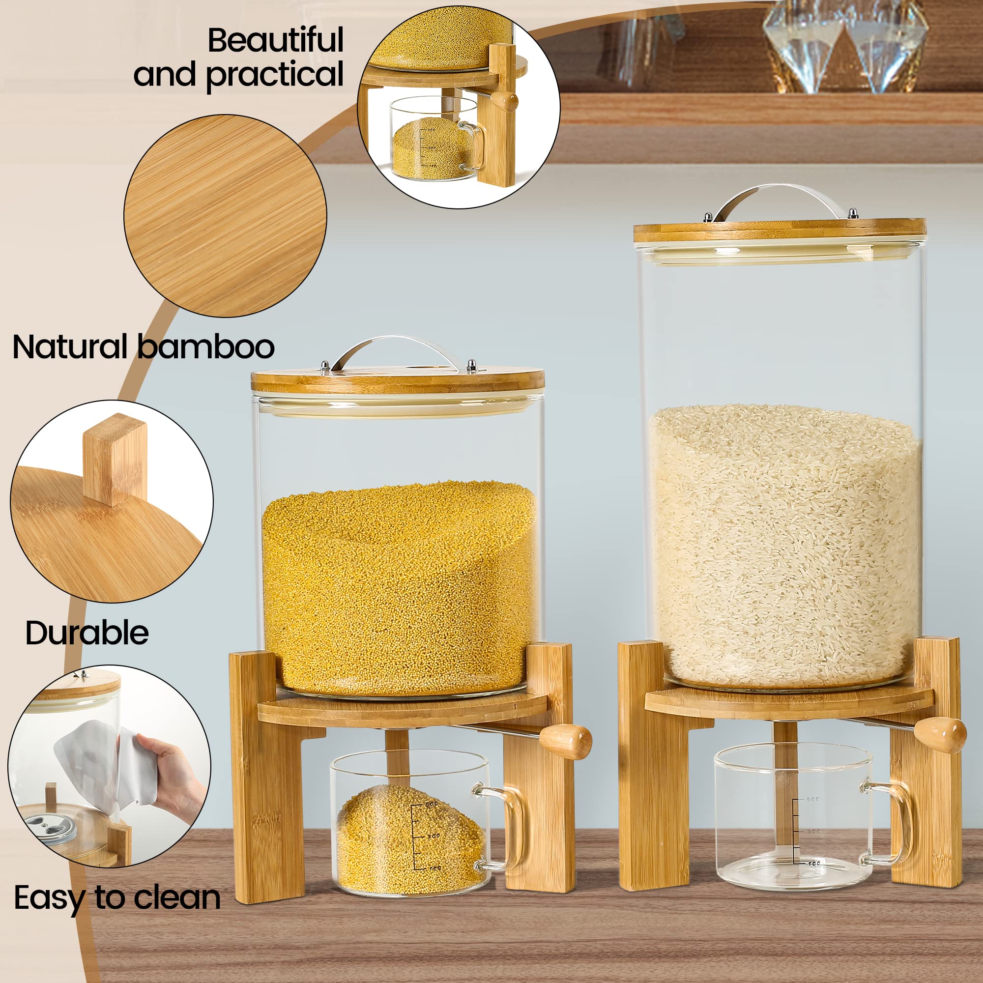 Vuinop Rice Dispenser, Rice Storage Container:Flour and Cereal Container with Airtight Lid and Wooden Stand, Glass Food Storge Container for Kitchen Organization and Pantry Store (8L)