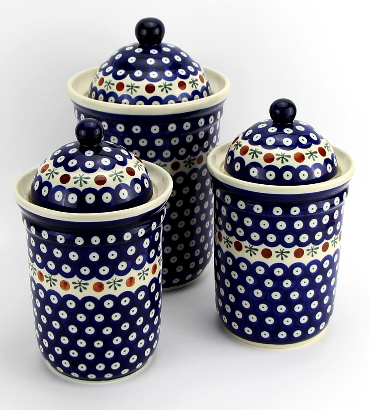 Polish Pottery Market 3-Piece Kitchen Canister Set - Handcrafted by Zaklady Boleslawiec – Polish Stoneware Canisters - Set Includes one large canister (80 oz) and two medium canisters (45 oz each)