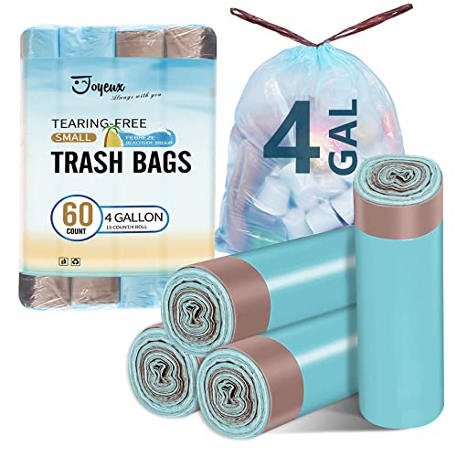 JOYEUX 4 Gallon Small Trash Bags, No-Tearing Drawstring Garbage Bags for Bathroom Kitchen, Febreze Beachside Breeze, 60 Count
