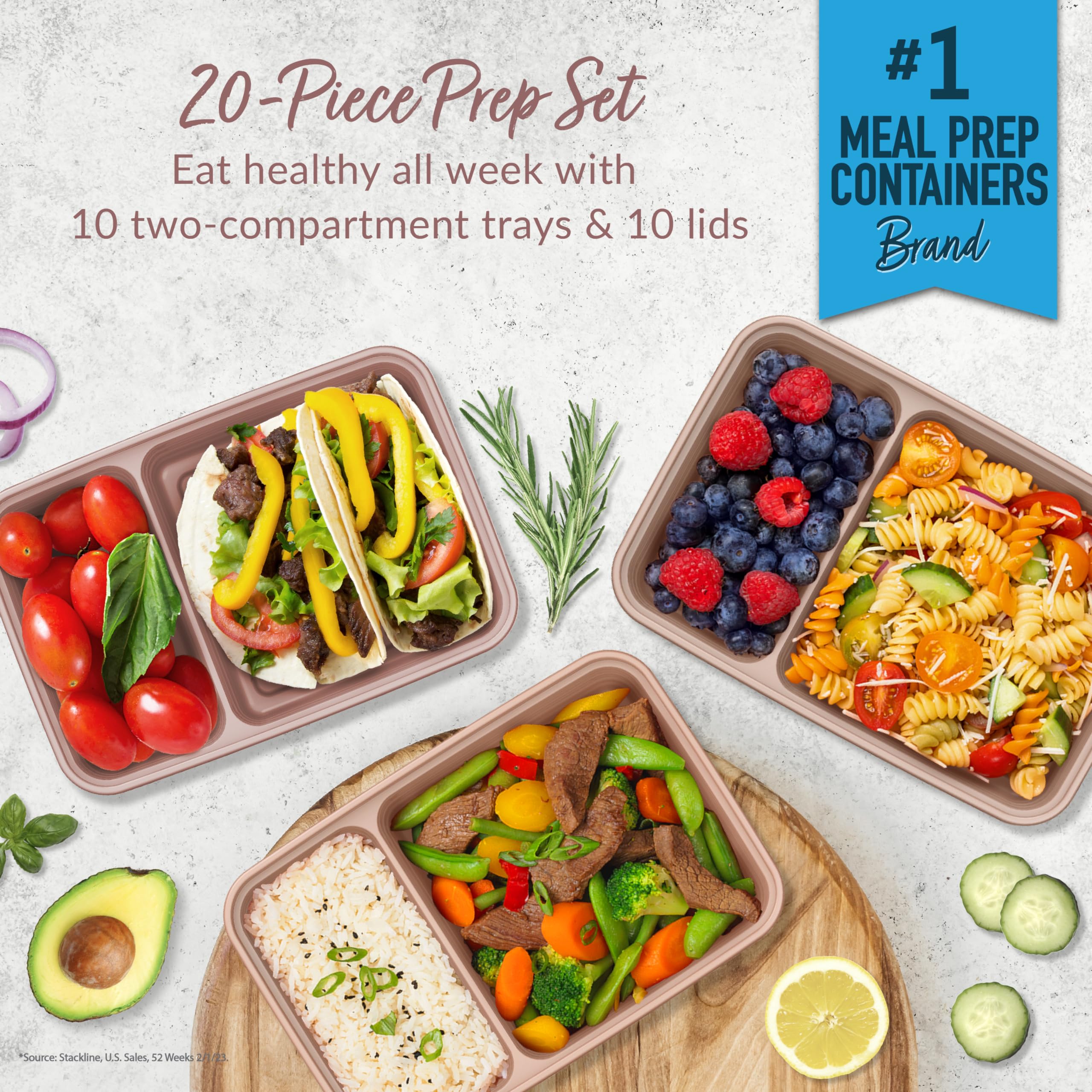 Bentgo 20-Piece Lightweight, Durable, Reusable BPA-Free 2-Compartment Containers - Microwave, Freezer, Dishwasher Safe - Rose Gold