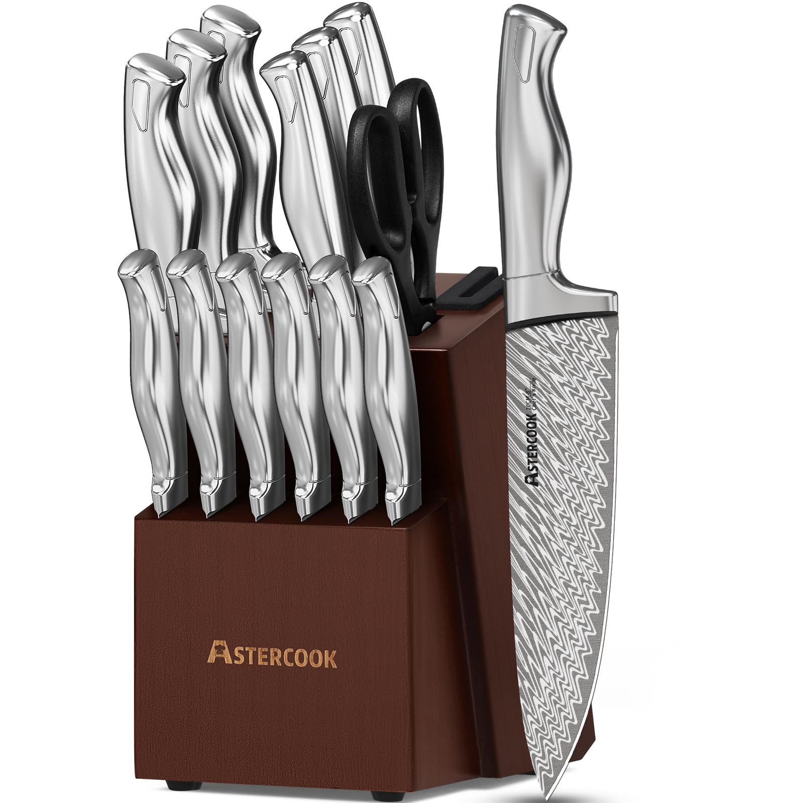 Knife Set, Damascus Kitchen Knife Set with Block, Built-in Knife Sharpener, German Stainless Steel Knife Block Set, Dishwasher Safe