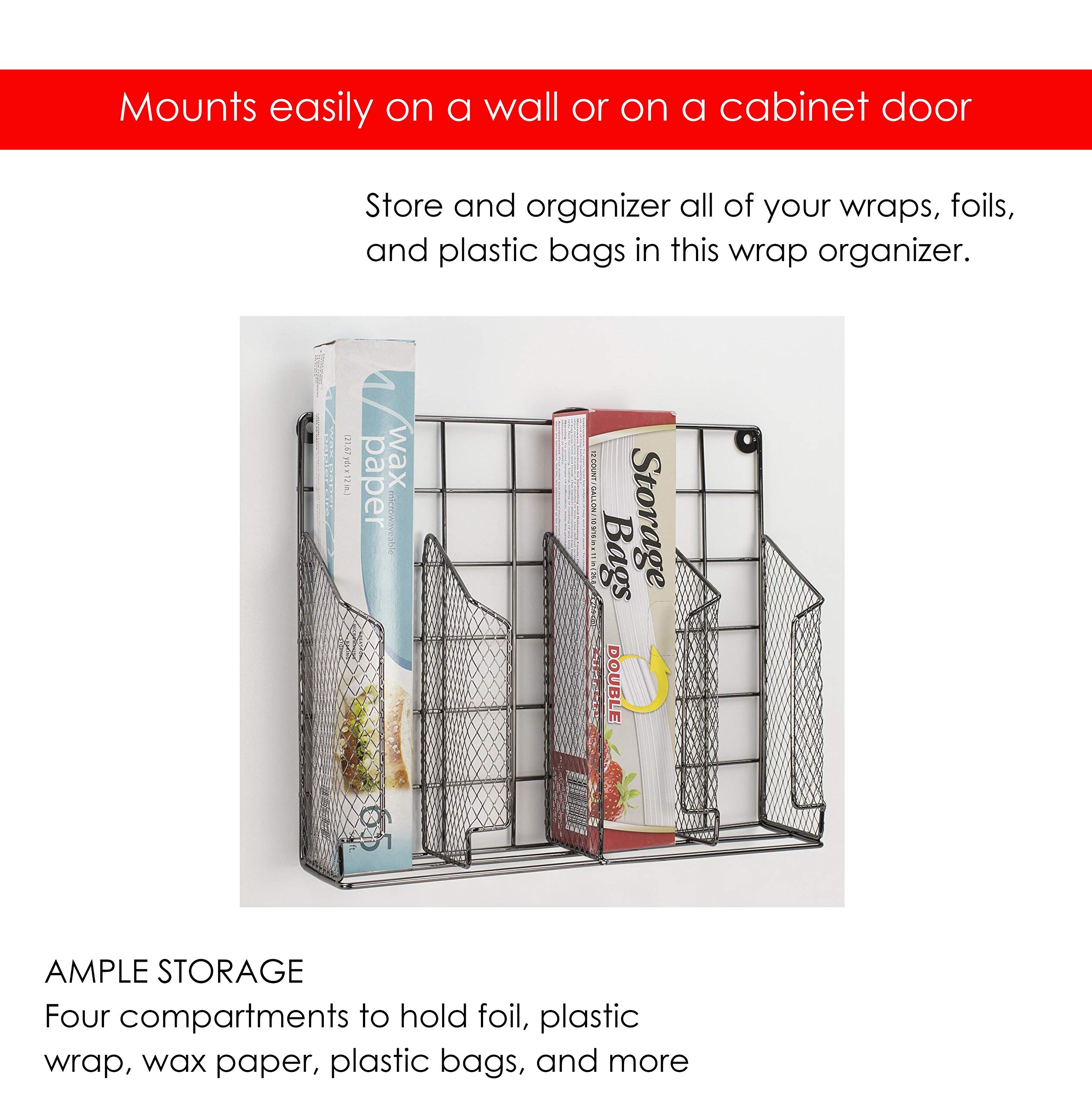 Home Basics Stainless Steel Rust Resistant Wrap Organizer, Perfect for Food Storage Bags, Silver Foil, Wax Paper, Sandwich Bags, Plastic Wrap- Mounts to Cabinet Door or Wall (ONYX BLACK, 2)