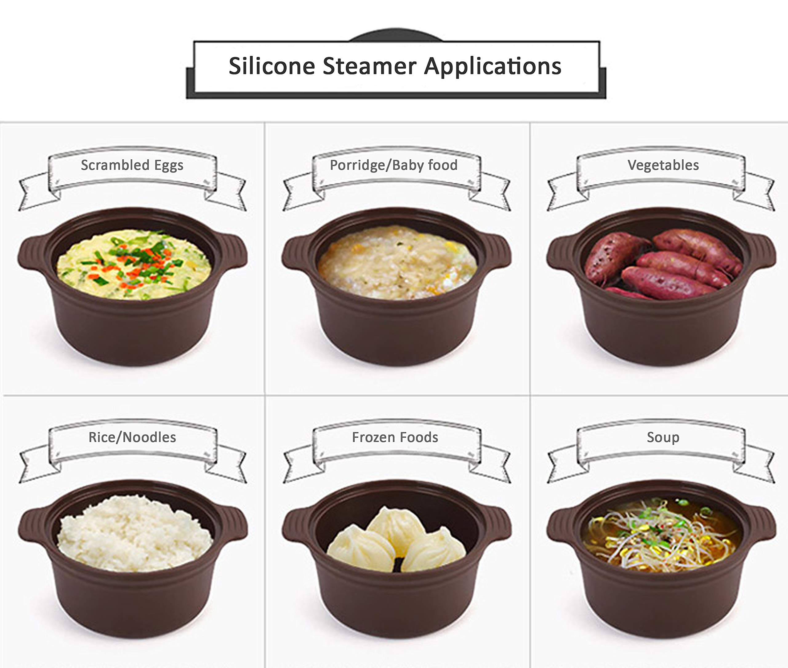 (Set of 2) Microwave Silicone Food Steamer with Handle & Lid, Kitchen Nonstick Egg Steaming Pot, Dishwasher & Oven Safe up to 482 °F, Easy to Clean, Made in Korea (20.3 Fl Oz (600ml, 2.5 Cups), Clear Lid)