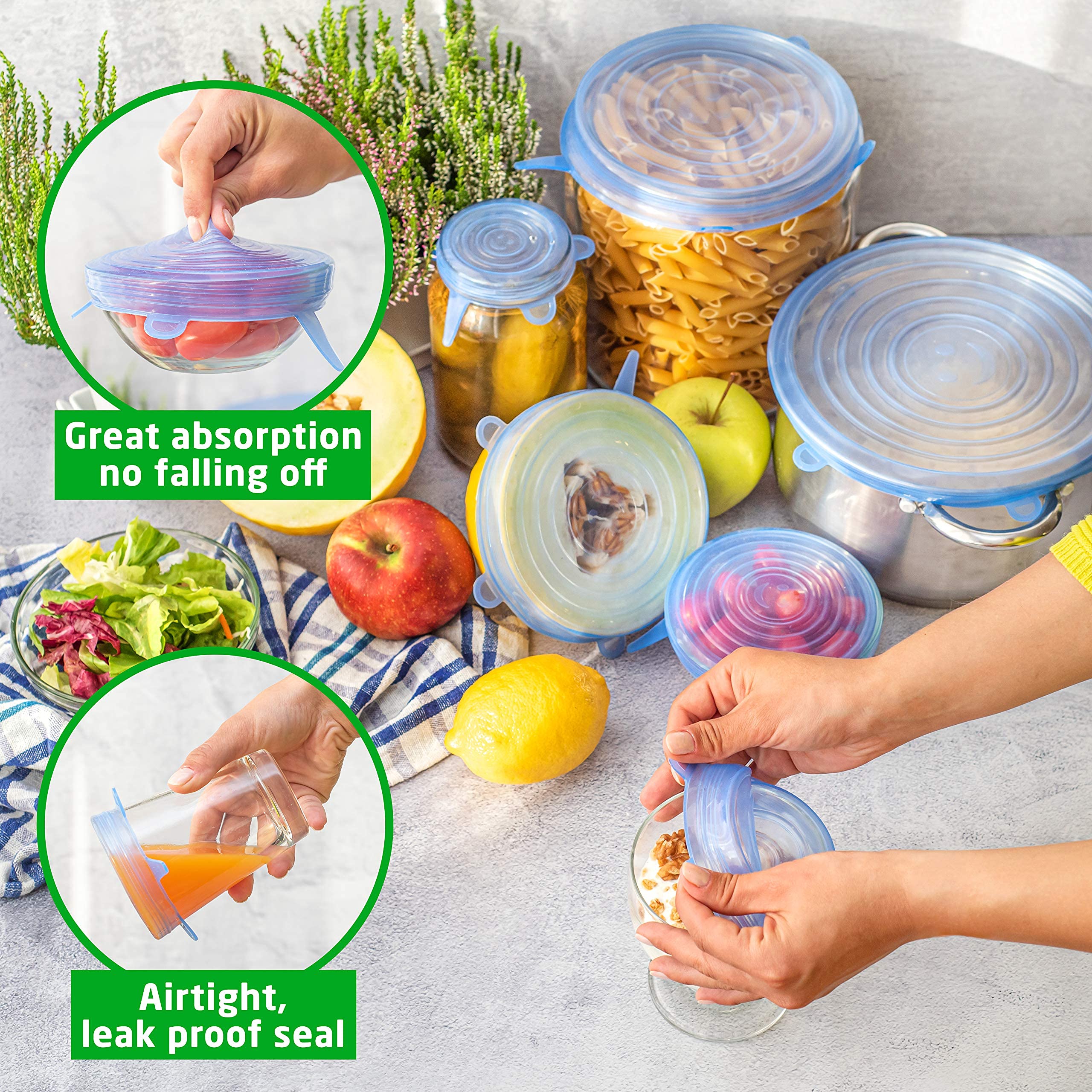 BOXSORY Food Preservation Trays - New Version 2021, Stackable, Reusable and Odor Free - Dishwasher Safe Refrigerator Storage Tray (4pcs) + Stretch Lids (6pcs)