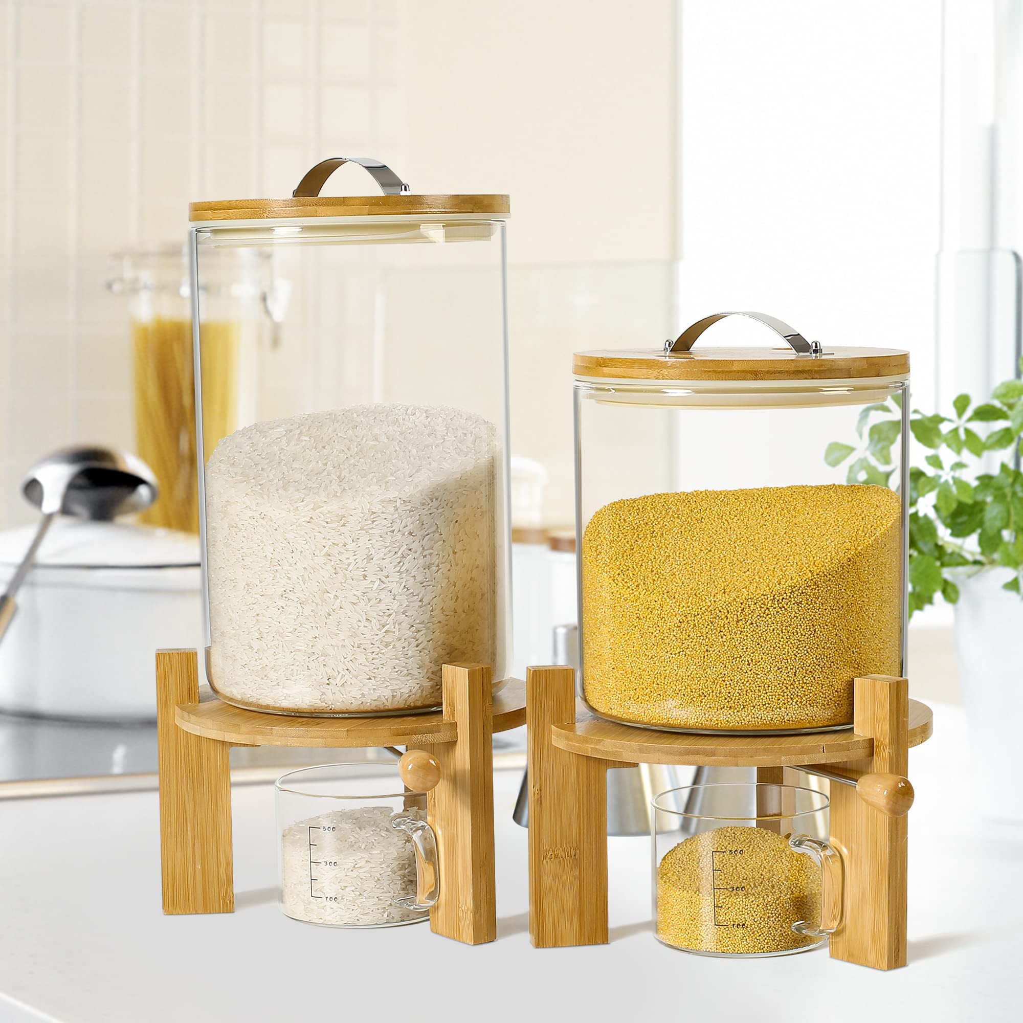 Vuinop Rice Dispenser, Rice Storage Container:Flour and Cereal Container with Airtight Lid and Wooden Stand, Glass Food Storge Container for Kitchen Organization and Pantry Store (8L)