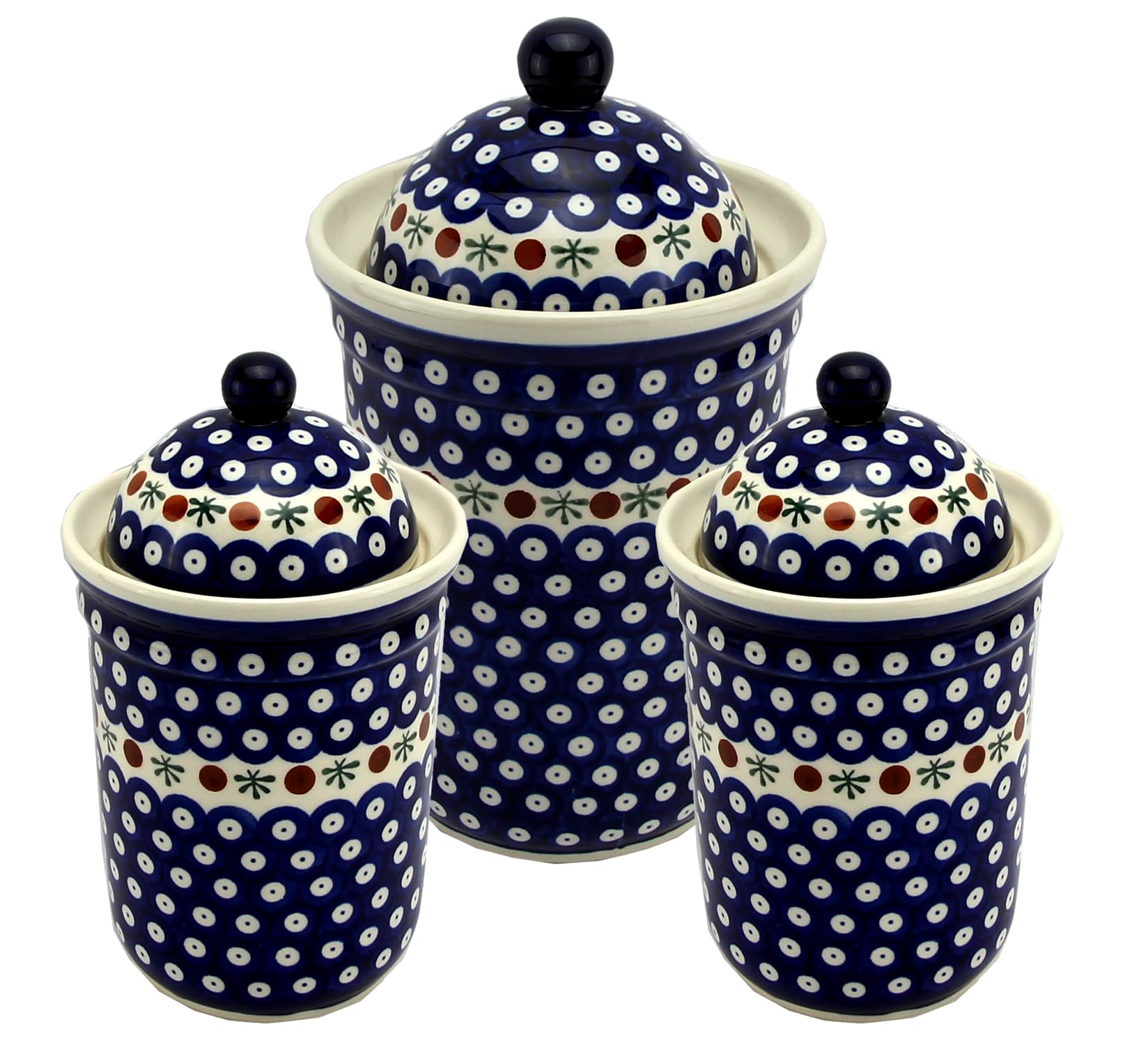 Polish Pottery Market 3-Piece Kitchen Canister Set - Handcrafted by Zaklady Boleslawiec – Polish Stoneware Canisters - Set Includes one large canister (80 oz) and two medium canisters (45 oz each)