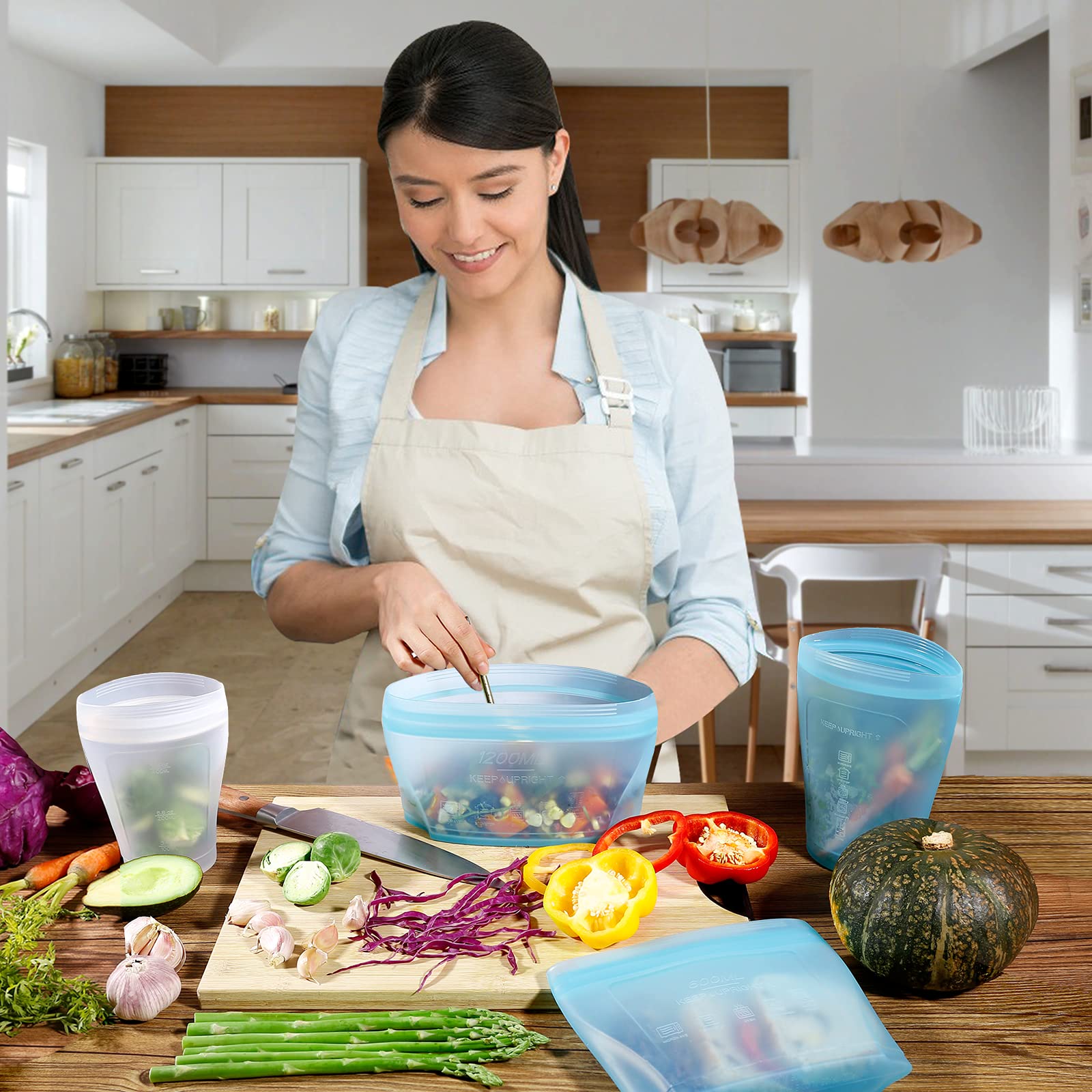 ZIP STANDING Reusable food Silicone Containers - 2-piece food storage cup Larger Capacity, Dishwasher, Microwave, Freezer Safe. Healthy Food Grade. (blue)