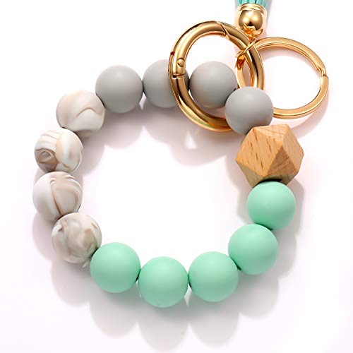 NVENF Silicone Bead Keychain Bracelet Large Keyring Elastic House Car Key Ring Wristlet Bangles Mint Green