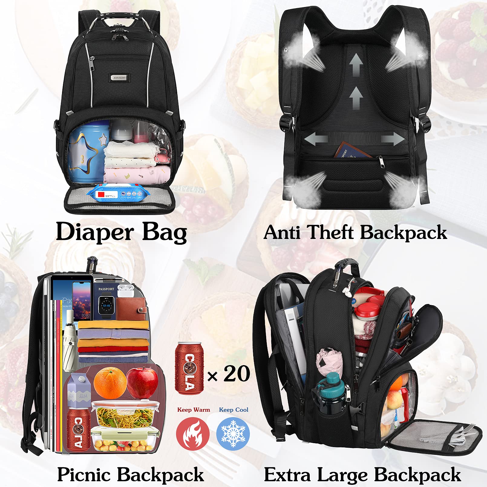 Lunch Backpack for Men, Insulated Cooler Bag Lunch Box Backpack, Extra Large Travel Laptop Backpack TSA Friendly RFID Durable Computer College School Bookbag with USB Port Women Fits 17.3 Inch Laptop