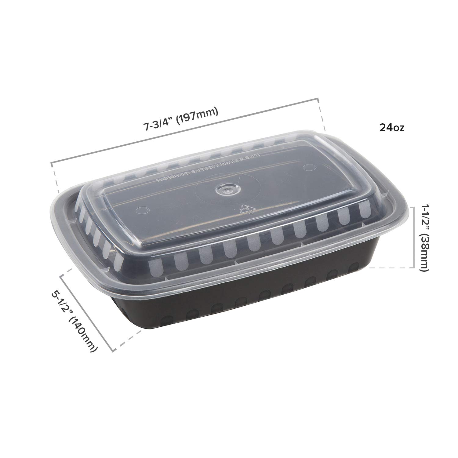 AmerCare 7.75 Inch x 5.5 Inch Black Plastic Containers and Lids, 1.5 Inches Deep, 24 Ounces, for Microwave or Freezer, Pack of 150