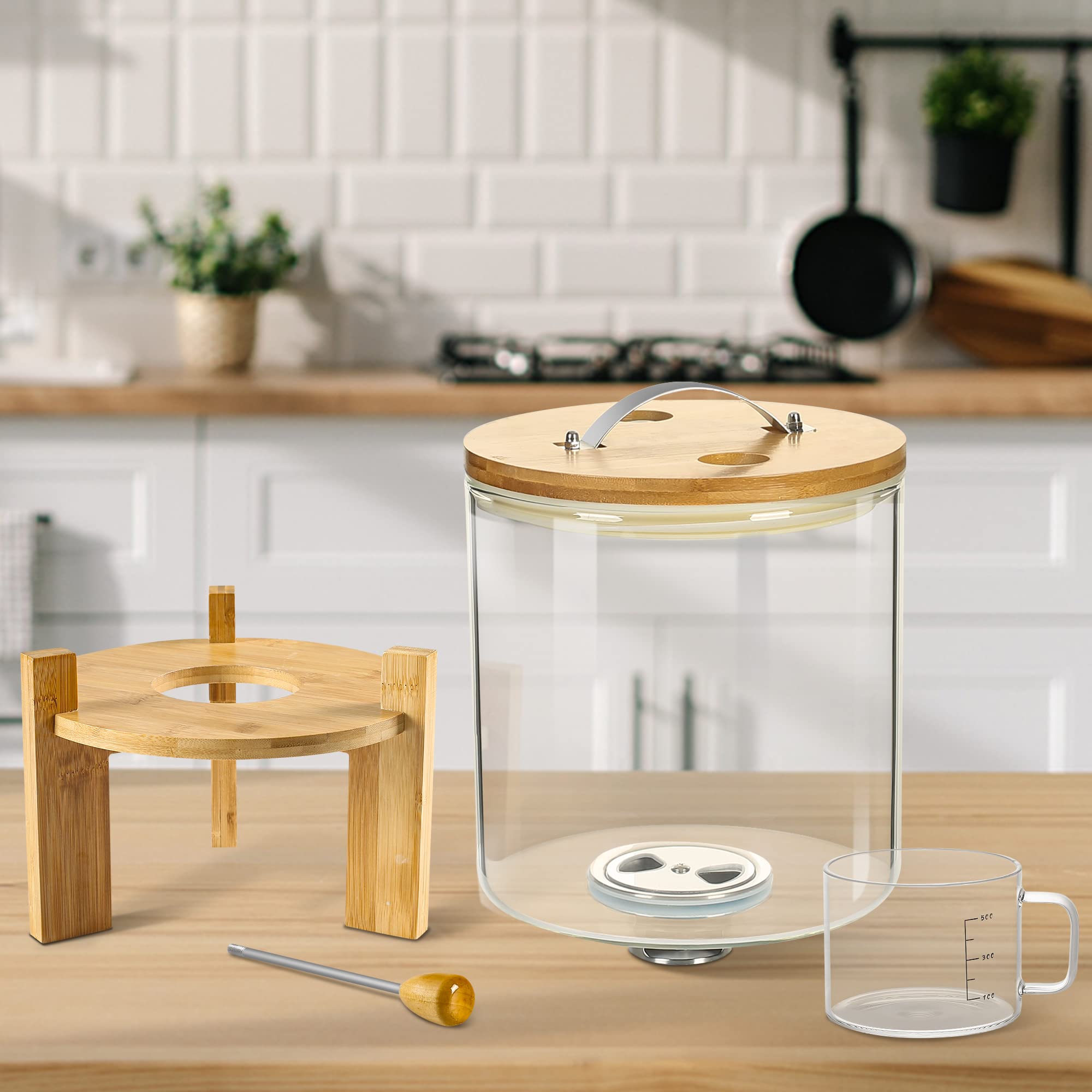 Vuinop Rice Dispenser, Rice Storage Container:Flour and Cereal Container with Airtight Lid and Wooden Stand, Glass Food Storge Container for Kitchen Organization and Pantry Store (8L)