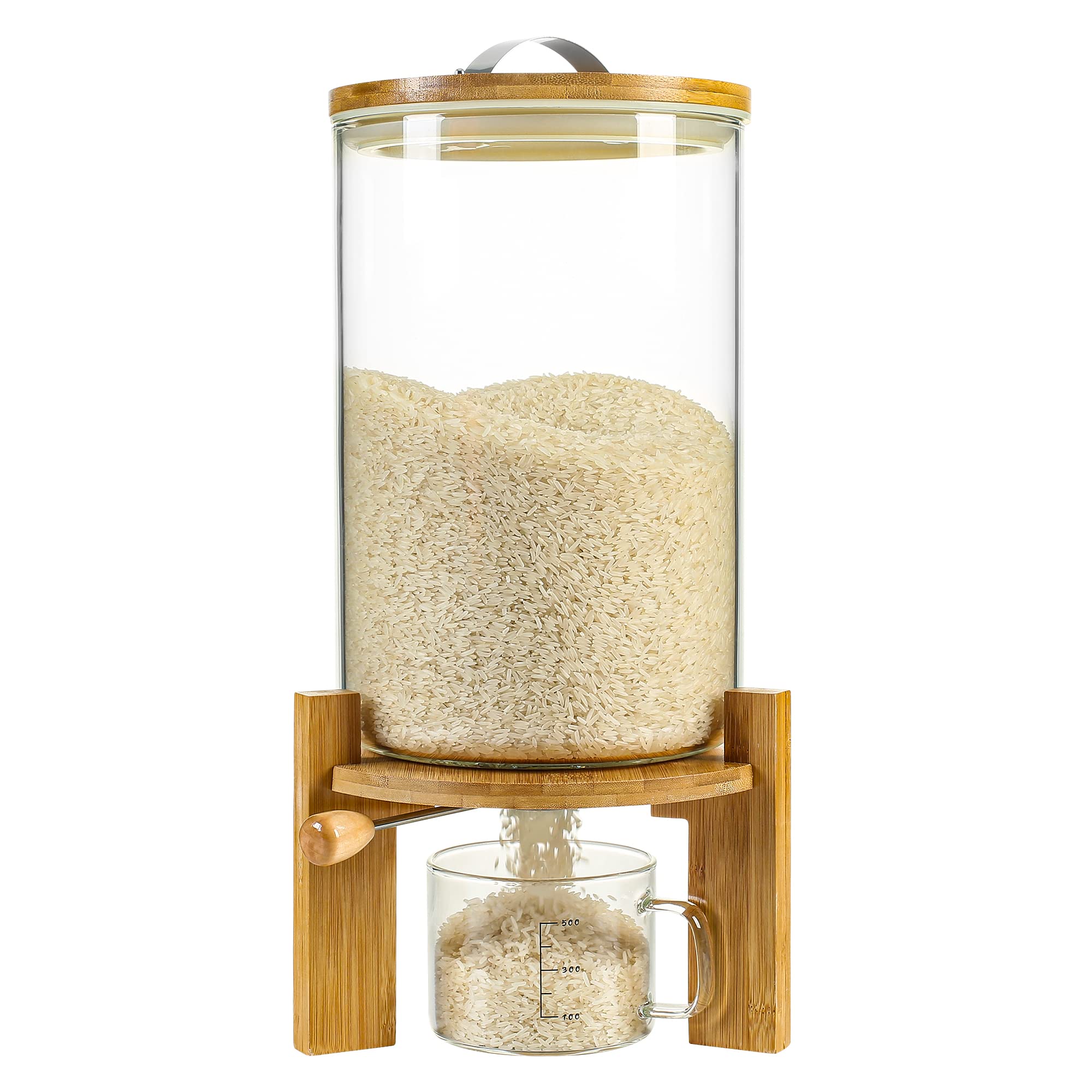 Vuinop Rice Dispenser, Rice Storage Container：Flour and Cereal Container with Airtight Lid and Wooden Stand, Glass Food Storge Container for Kitchen Organization and Pantry Store (8L)