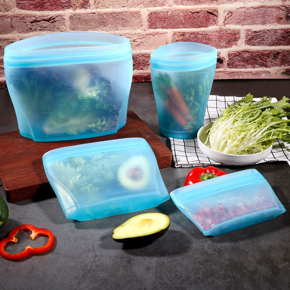 ZIP STANDING Reusable food Silicone Containers - 2-piece food storage cup Larger Capacity, Dishwasher, Microwave, Freezer Safe. Healthy Food Grade. (blue)