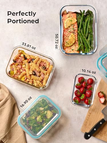 Praknu Meal Prep Storage Container - Pack of 4 - BPA Free - Leak Proof - Dishwasher Safe - Glass Storage Containers with Lids (50oz, 34oz, 17oz, 10oz)