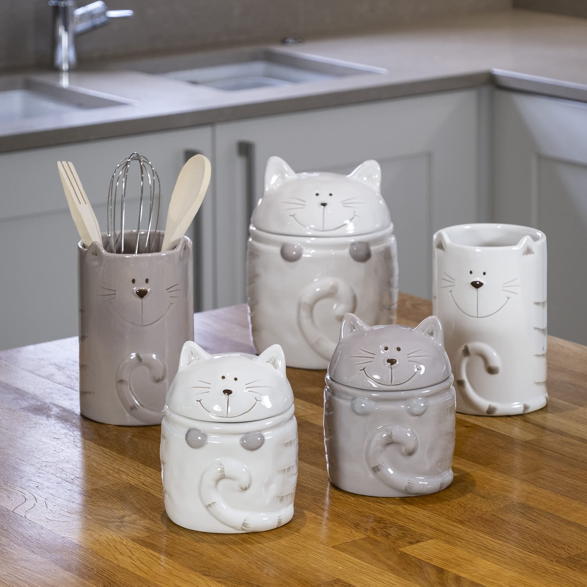 SPOTTED DOG GIFT COMPANY Ceramic Utensil Holder for Kitchen Counter, Utensil Crock for Countertop, Decorative Cat Themed Home Kitchen Decor Accessories, Gifts Cat Lovers, White 4.3" x 6.3"